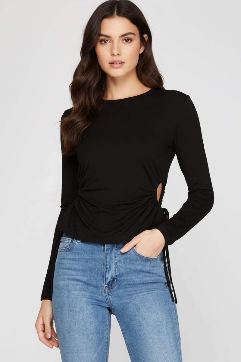LONG SLEEVE SIDE DRAWSTRING RUCHED CUTOUT KNIT TOP – Stylish Wholesale