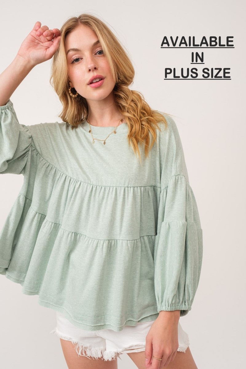 MINT TIERED BALLOON SLEEVES RAW EDGE PLUS SIZE TOP PTU13571SA – Stylish ...