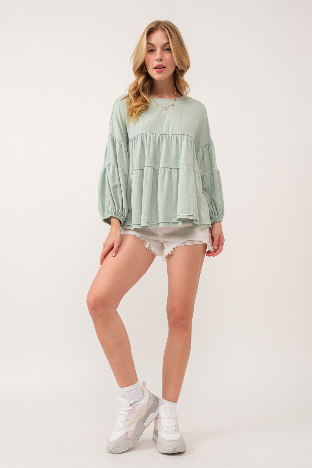 MINT TIERED BALLOON SLEEVES RAW EDGE PLUS SIZE TOP PTU13571SA – Stylish ...