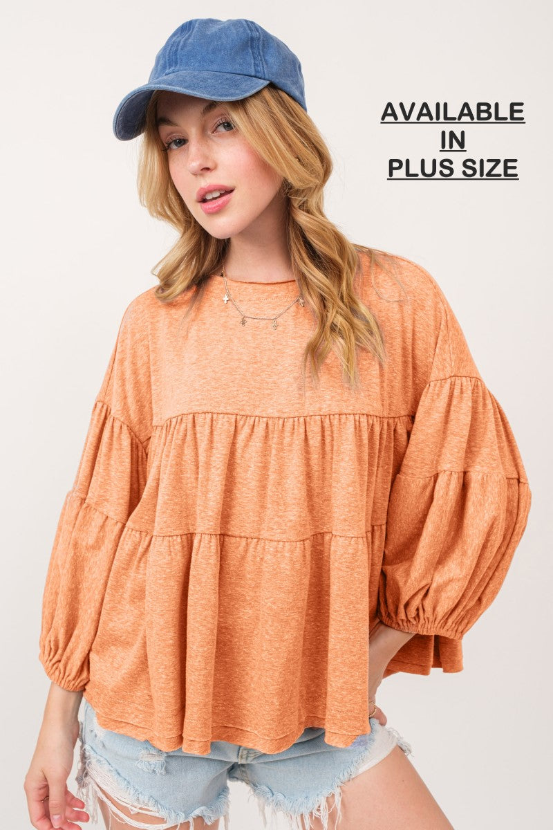 ORANGE TIERED BALLOON SLEEVES RAW EDGE PLUS SIZE TOP PTU13571SA ...