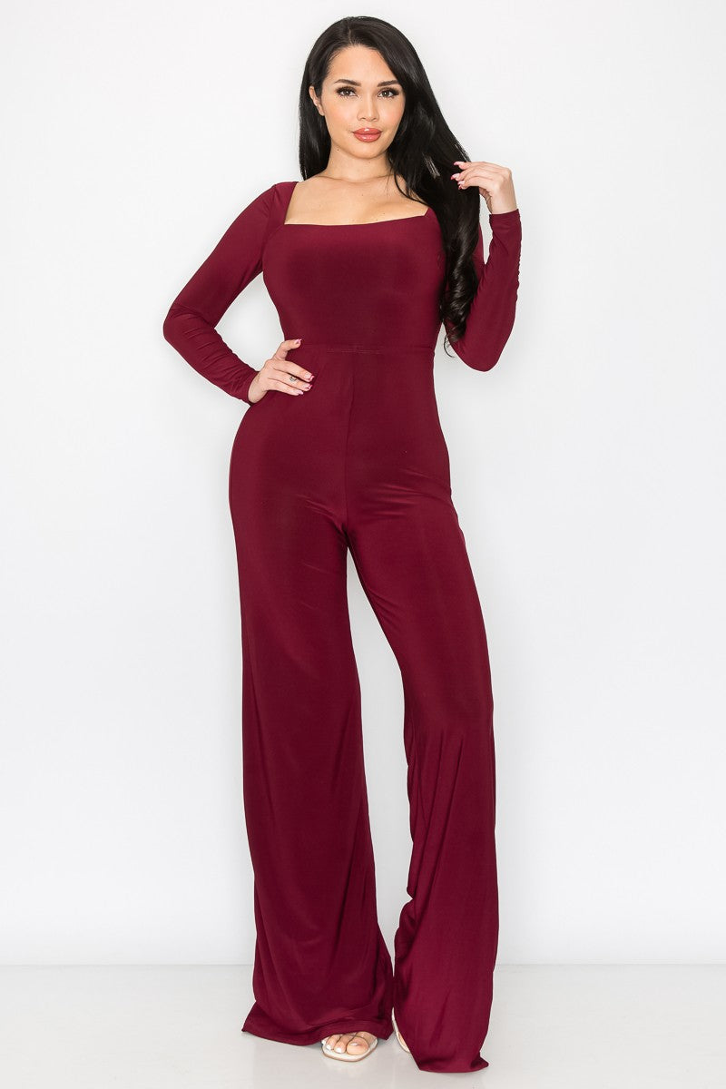 BURGUNDY LONG SLEEVES OPEN BACK STRING JUMPSUIT SP9631J – Stylish Wholesale
