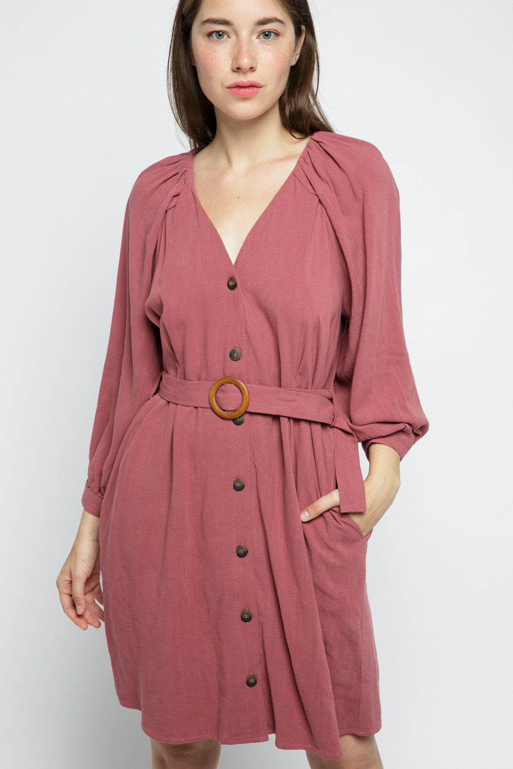 SLATE ROSE V-NECK BUTTON FRONT BELTED MINI DRESS MDR8570 – Stylish ...