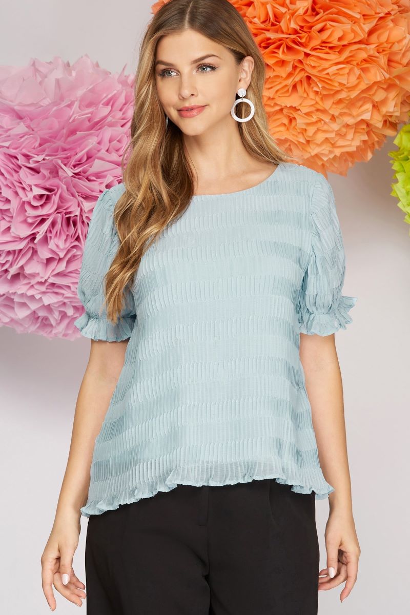 MISTY BLUE PUFF SLEEVES PLEATED WOVEN TOP S8SY4170 – Stylish Wholesale