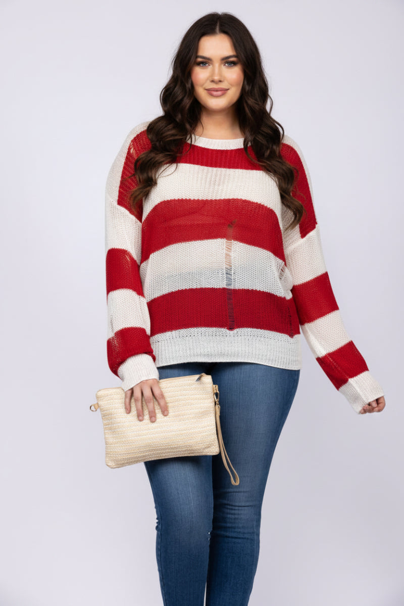 RED STRIPE TEARED KNIT PULLOVER PLUS SIZE SWEATER TOP-ST1114P – Stylish ...